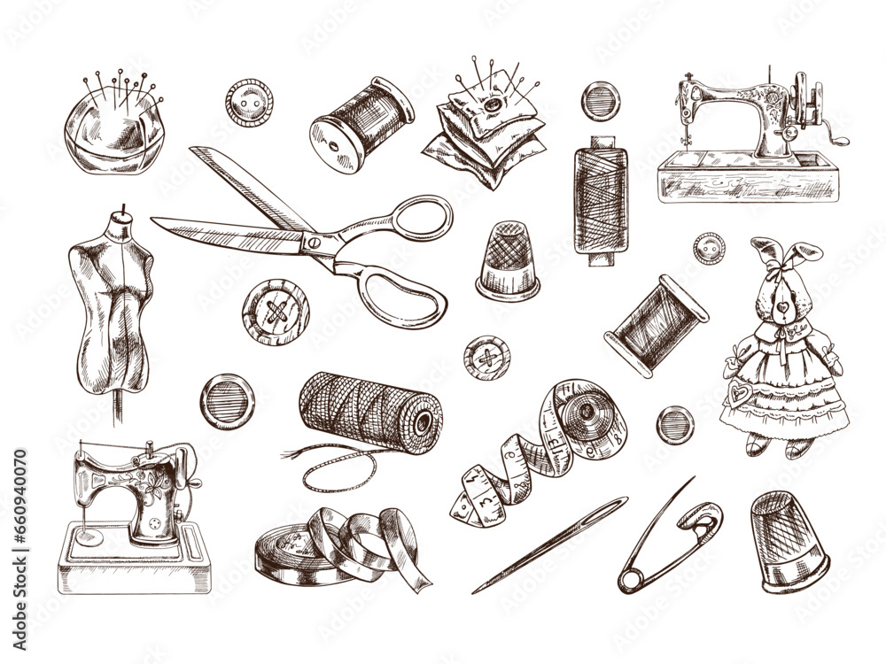Vintage set of hand drawn sewing icons. Vector illustrations in sketch ...
