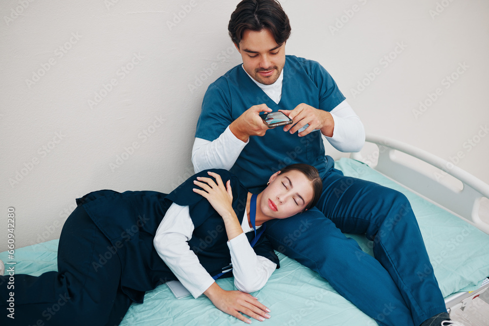 Doctors, friends and sleeping in picture for social median phone in ...