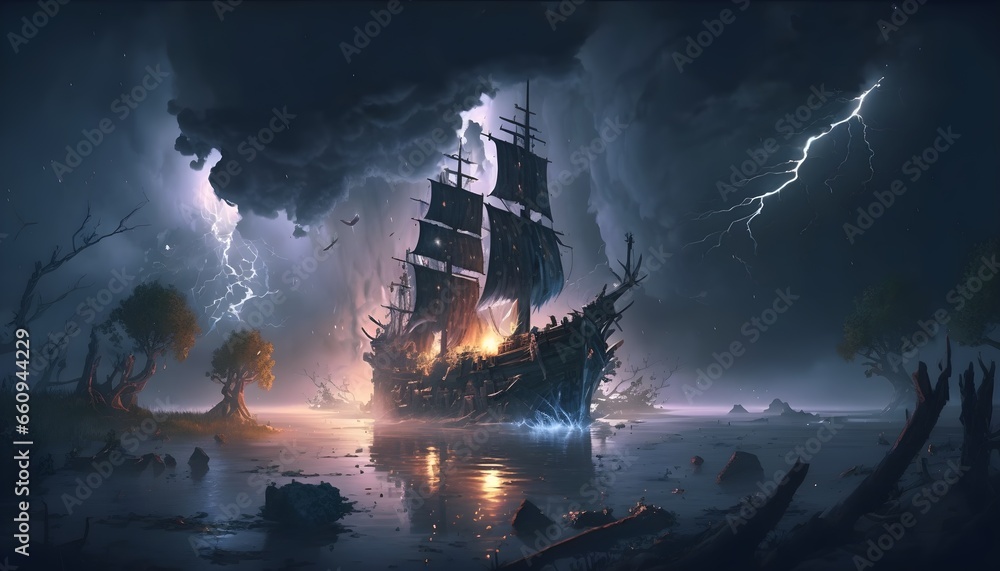 wreck of old pirate ship stranded in swamp and cumulonimbus cloud with ...