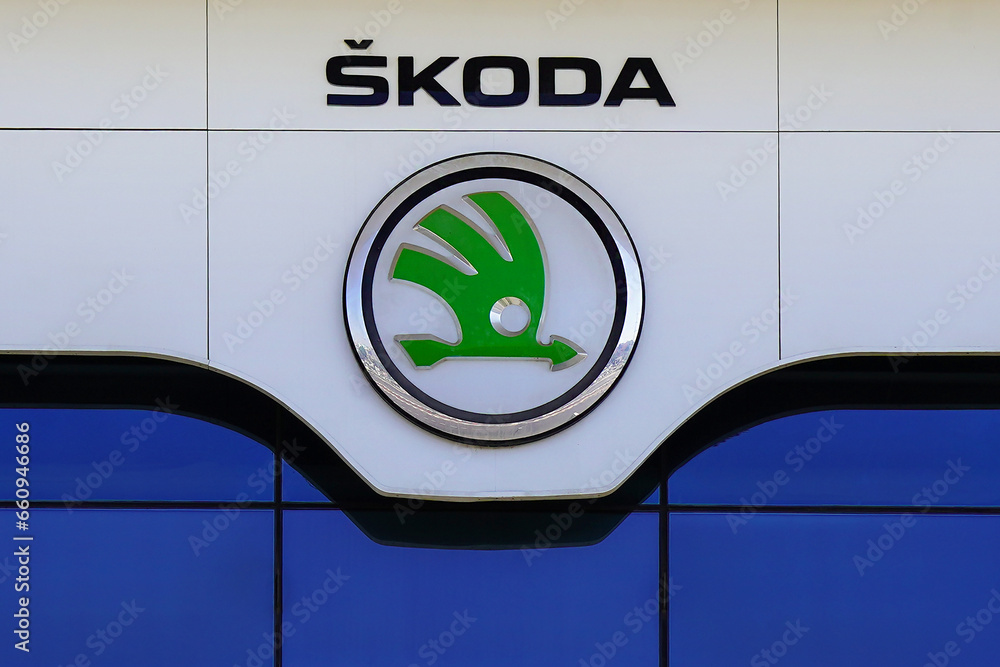Skoda company logo. Skoda dealership sign of car showroom. Closeup of ...