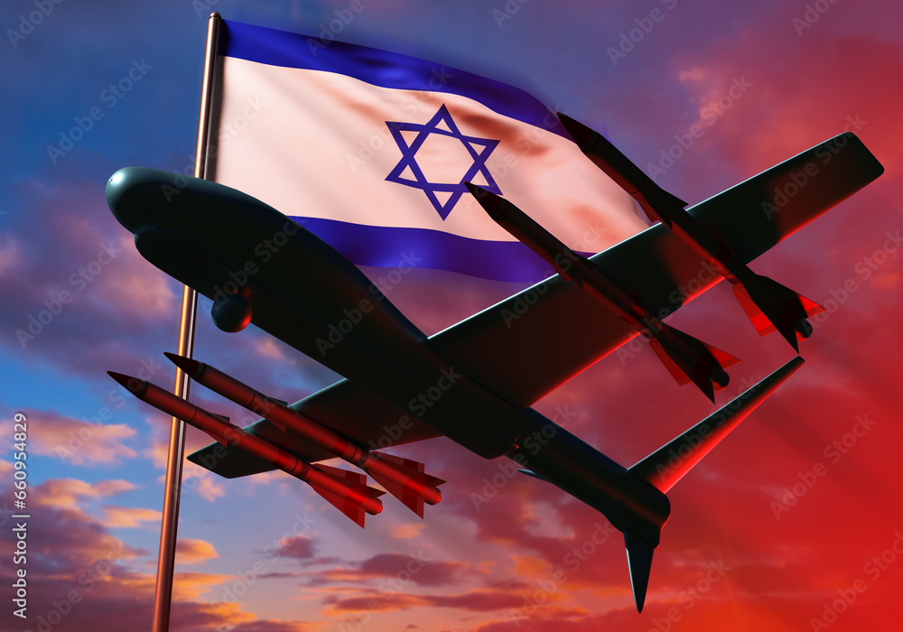 UAV near Israeli flag. Military drone with missiles. UAV made in Israel ...