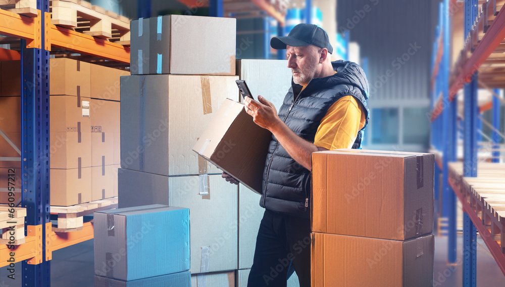 Man works as loader in warehouse. Courier with box in storage. Man among shelves with parcels ...