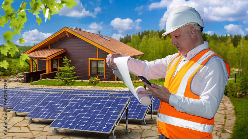 Man near solar panels. Country house behind engineer. Power engineer ...