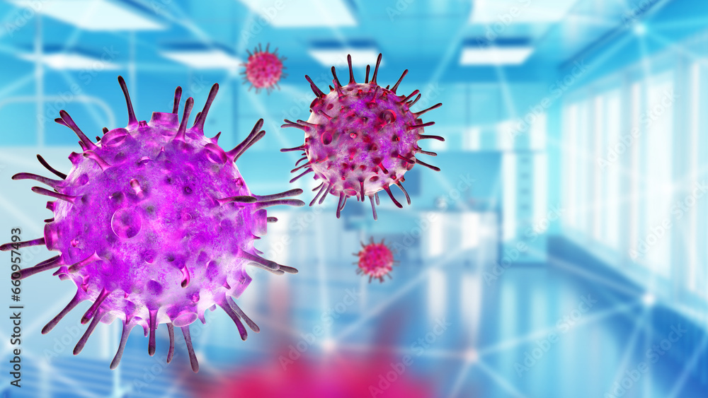 Virus molecules. Bacteria fly in air. Cells dangerous infection. Virus ...