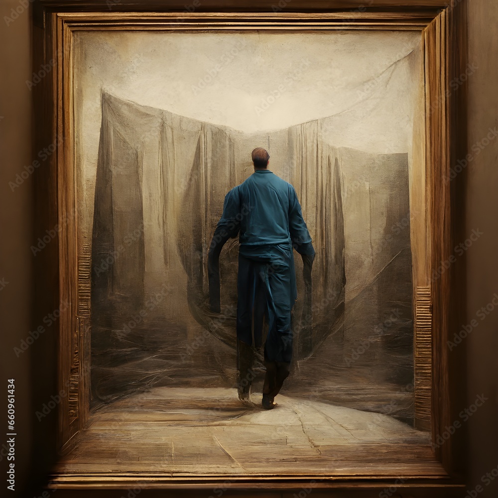man trapped inside a painting man trying to escape stretched fabric ...