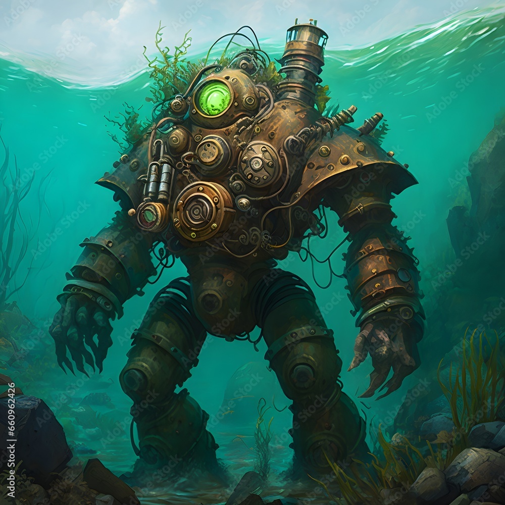 full body gigantic humanoid construct copper bronze devices gears rusty ...