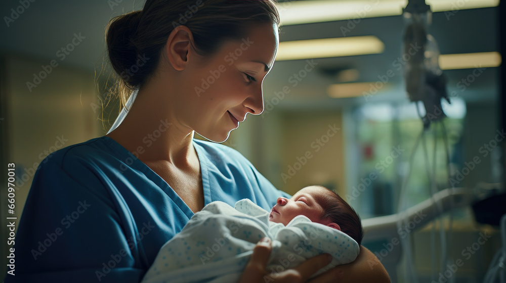 Nurse cradling a day-old infant, newborn baby, displaying genuine ...
