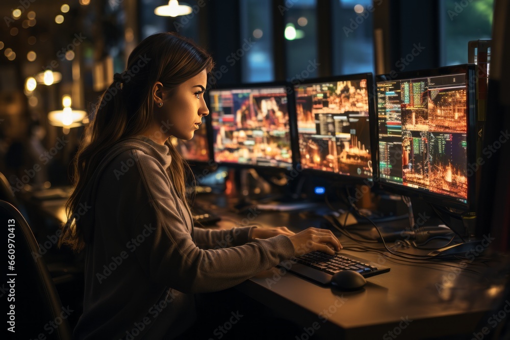 side view photo of lady programmer looking at big monitor, checking id address, working overtime ...