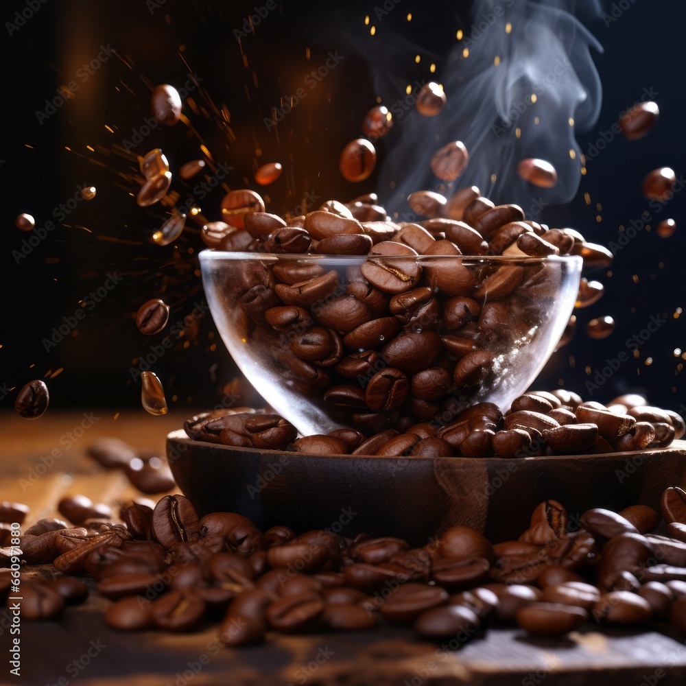 Coffee beans in a glass bowl with smoke on wooden background. Falling ...