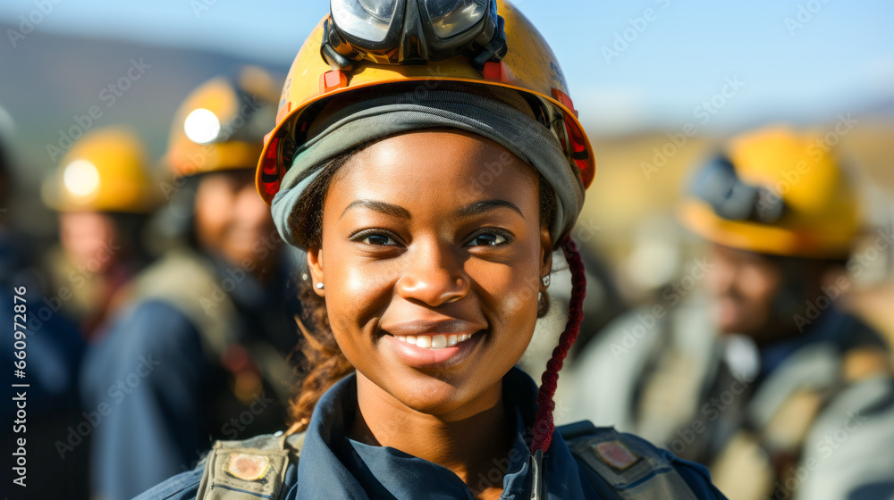 Empowering female engineer with helmet and blueprints, overseeing a ...