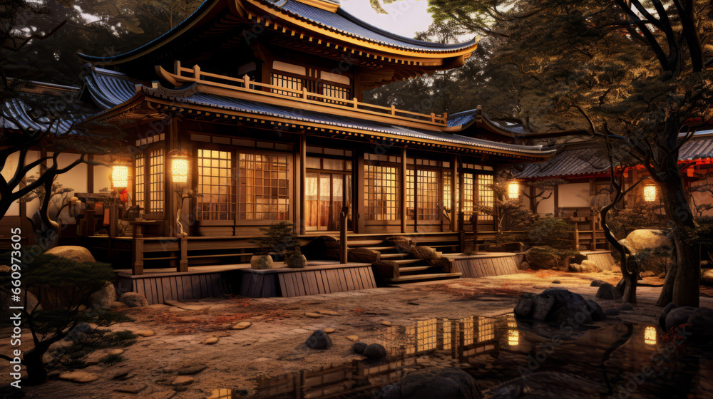 Beautiful traditional Japanese house exterior with a lake and garden ...