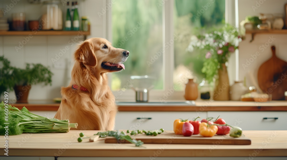 Golden retriever dog in kitchen looking at fresh vegetables. Healthy ...