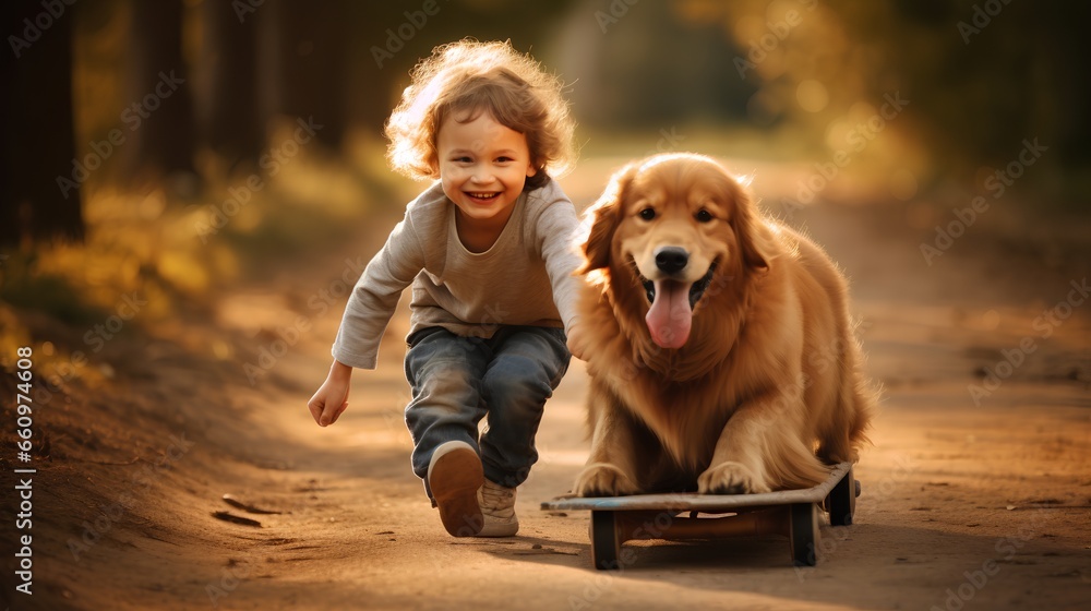 Young child bonding with pet dog. Kids joy and dogs loyalty for happy ...