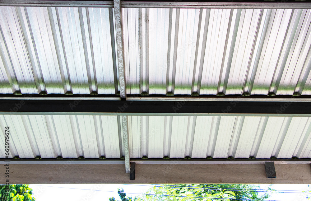 Underneath structure is gray aluminum roof house, home sheet with steel ...