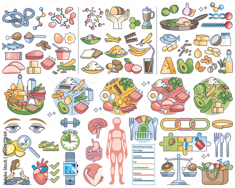 Macronutrients collection with grocery food nutrients in outline ...