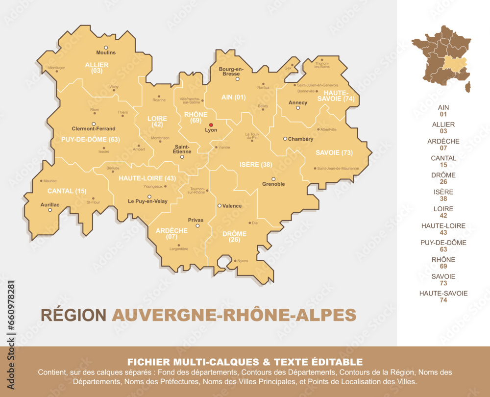 Carte de la région Auvergne-Rhône-Alpes, ses départements et ses villes ...