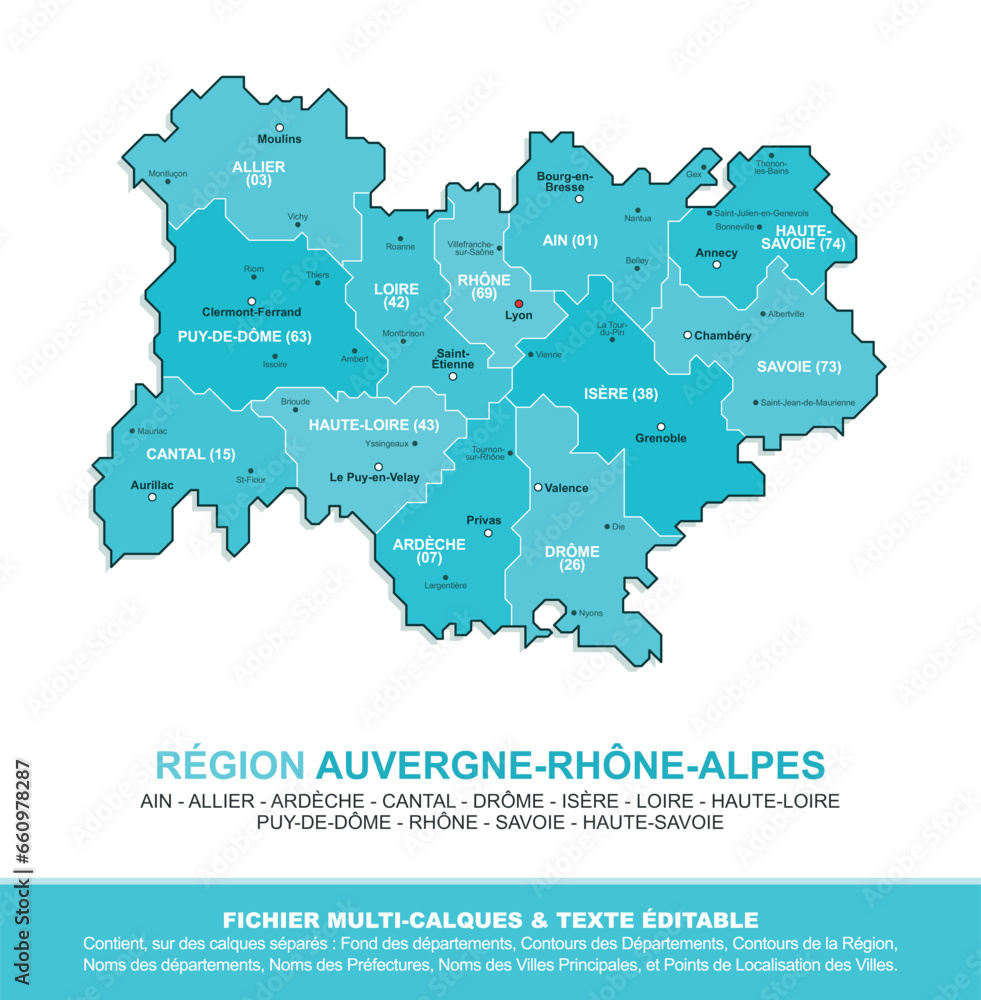 Carte de la région Auvergne-Rhône-Alpes, ses départements et ses villes ...