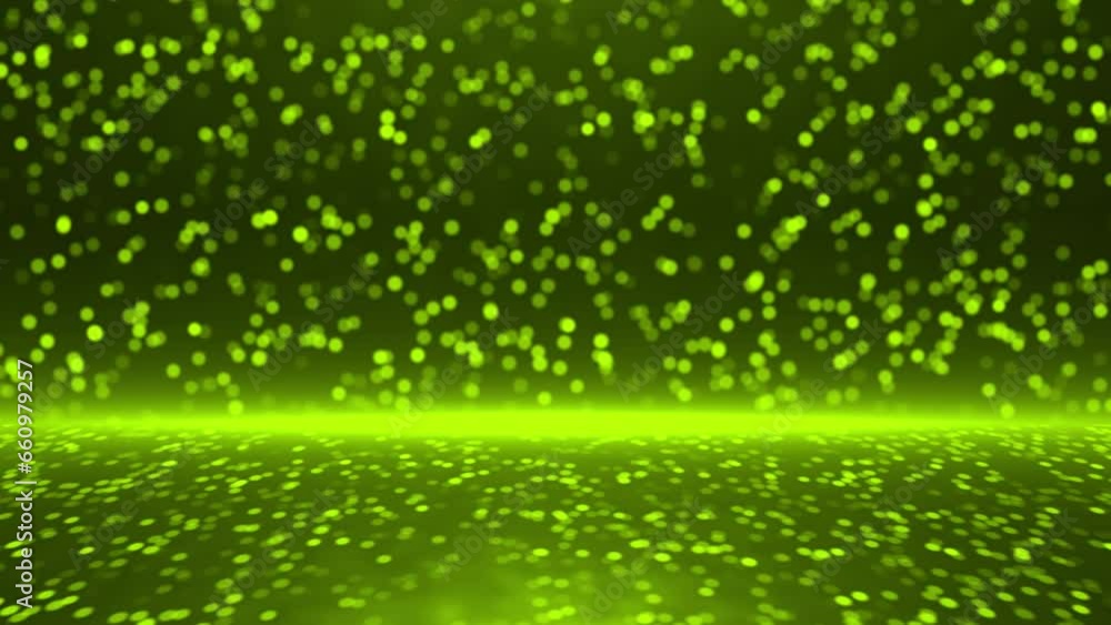 3d Beautiful Lime green glitter particles falling and flickering particles over black background ...