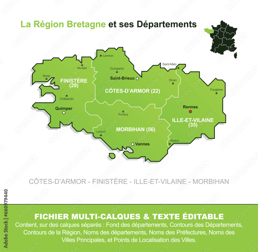 Poster Carte de la région Bretagne, ses départements et ses villes ...