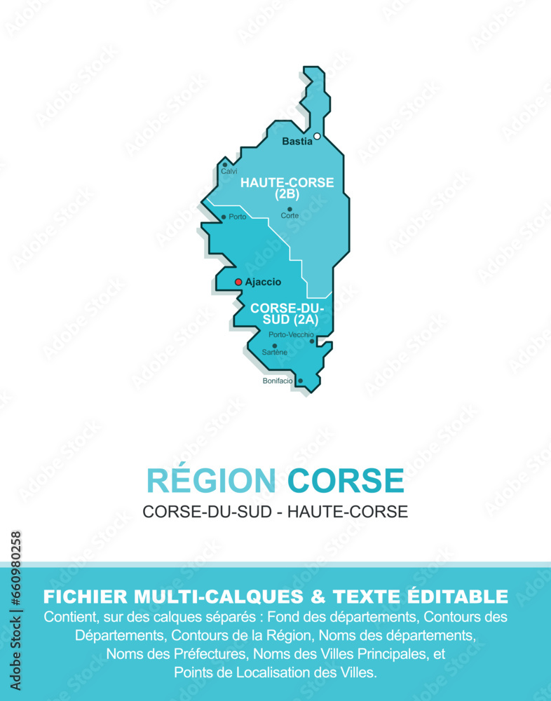 Carte de la région Corse, ses départements et ses villes Stock Vector ...