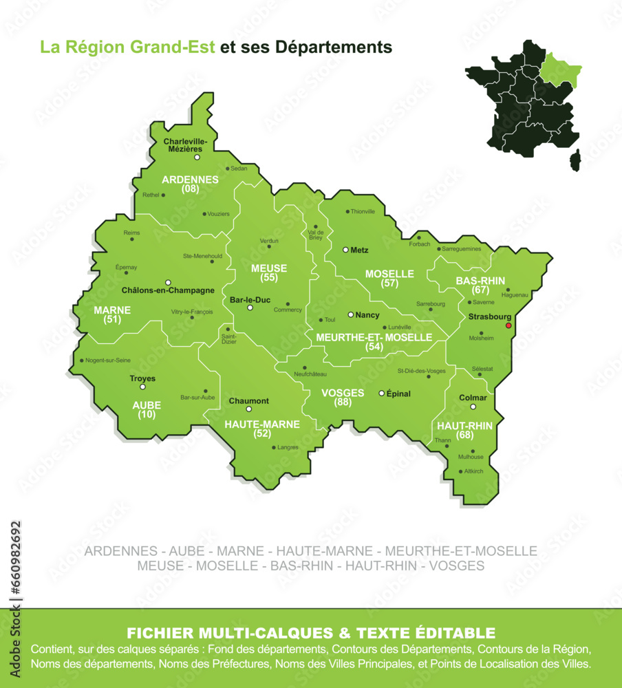 Carte de la région Grand-Est, ses départements et ses villes Stock ベクター ...