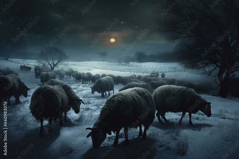 Dark, eerie night with sinister sheep flock amidst snowy landscape ...