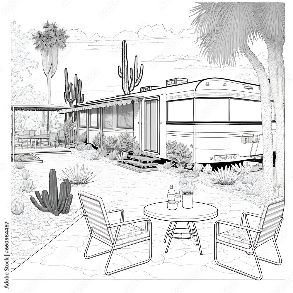 coloring book page black and white trailer resort with covered patio ...