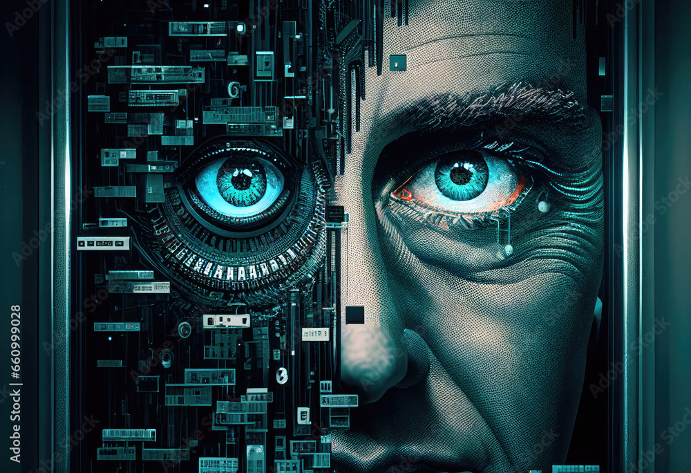 Artificial Intelligence spying on humans - Generative AI illustration ...