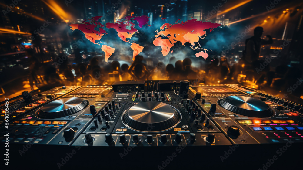 A DJ's mixing desk in a nightclub with free people and a map over it ...