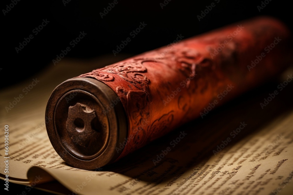 Closeup of an ancient red waxed scroll with seven seals on a Holy Bible ...
