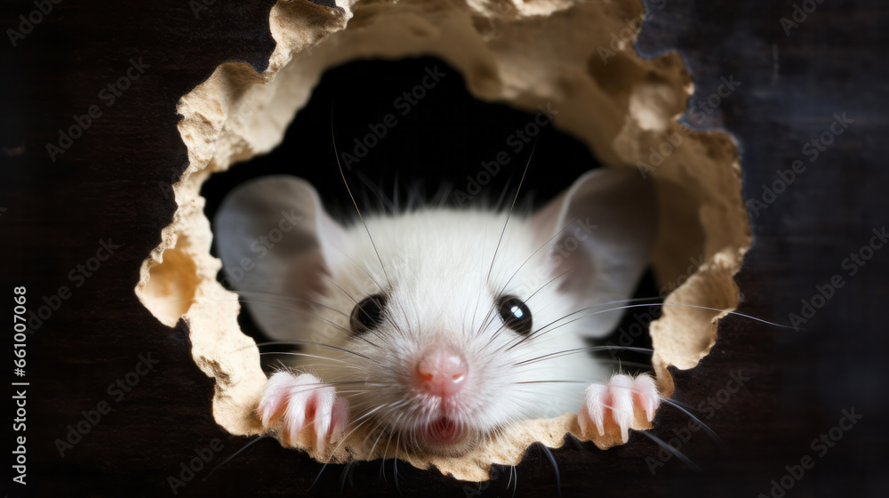 Head of a mouse seen through a hole representing rodent infestation at ...