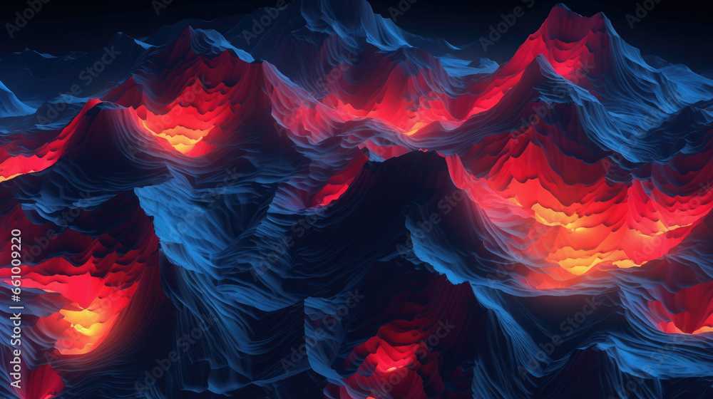 An abstract digital landscape relief with luminous edges, conveying a ...
