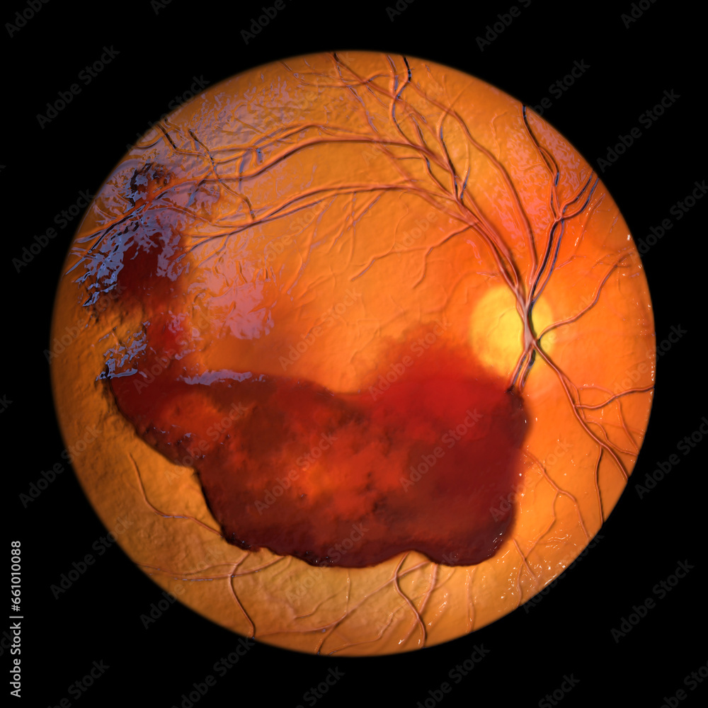 Vitreous hemorrhage as observed during ophthalmoscopy, 3D illustration ...