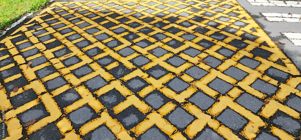 Diagonal grid lines painted yellow on road in park. Traffic line wet ...