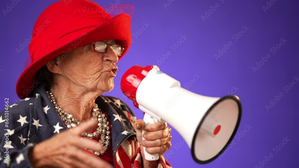 Closeup of funny toothless old elderly senior crazy grandmother woman ...