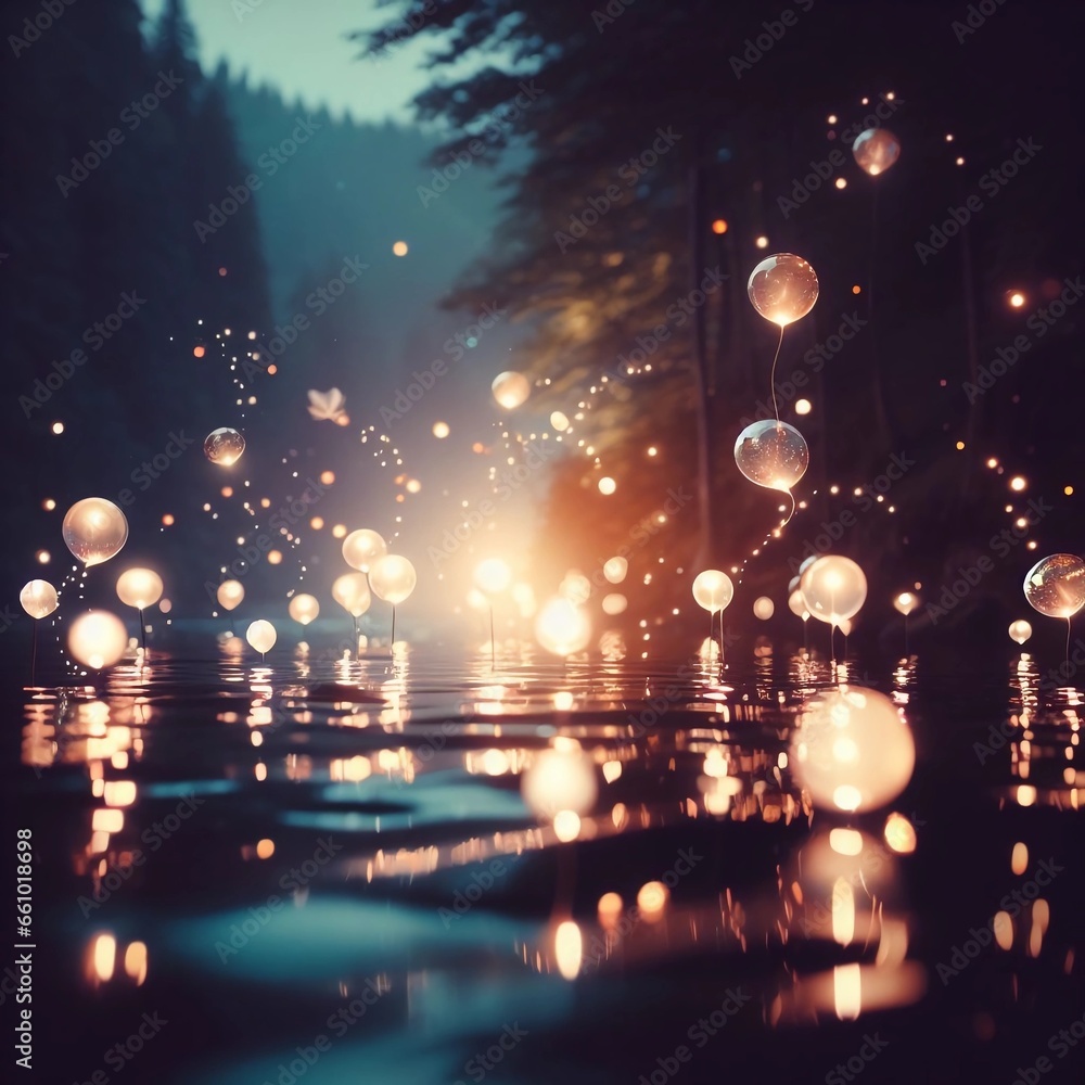 Delicate, floating orbs of light dance above the water, illuminating ...