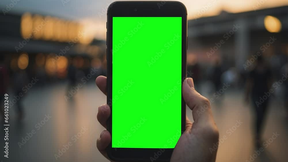 animation hands hold a smartphone with a green screen. The social media ...