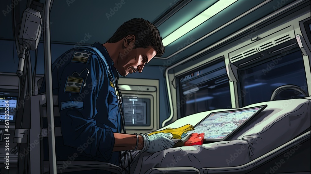 an ECG monitor in an ambulance, with paramedics attending to a patient ...