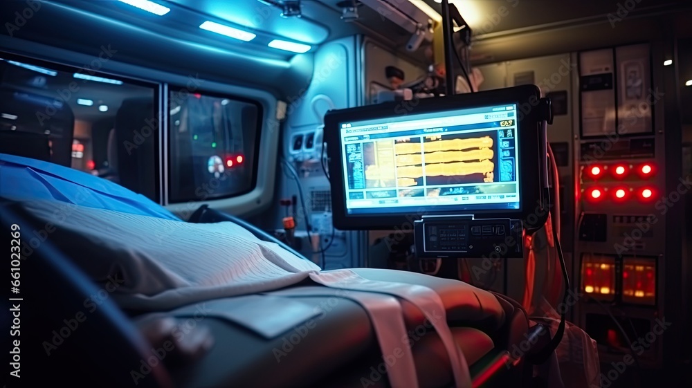 an ECG monitor in an ambulance, with paramedics attending to a patient ...