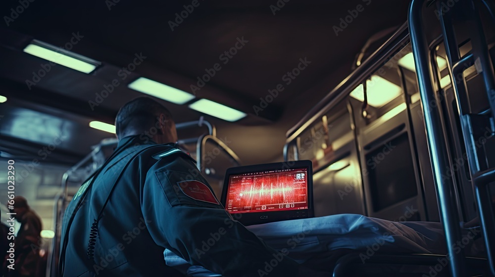 an ECG monitor in an ambulance, with paramedics attending to a patient ...