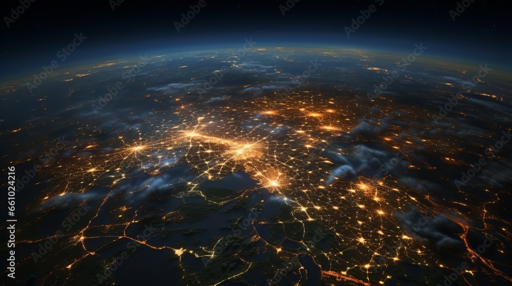 Europe map, view of city lights on night Earth in global satellite ...
