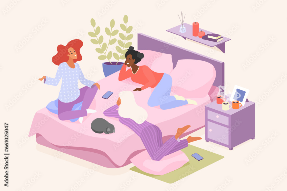Girls friends talk on pajama party or sleepover in bedroom vector ...