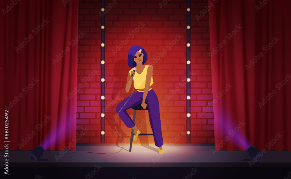 Stand up comedy show on theatre stage with female comedian vector ...