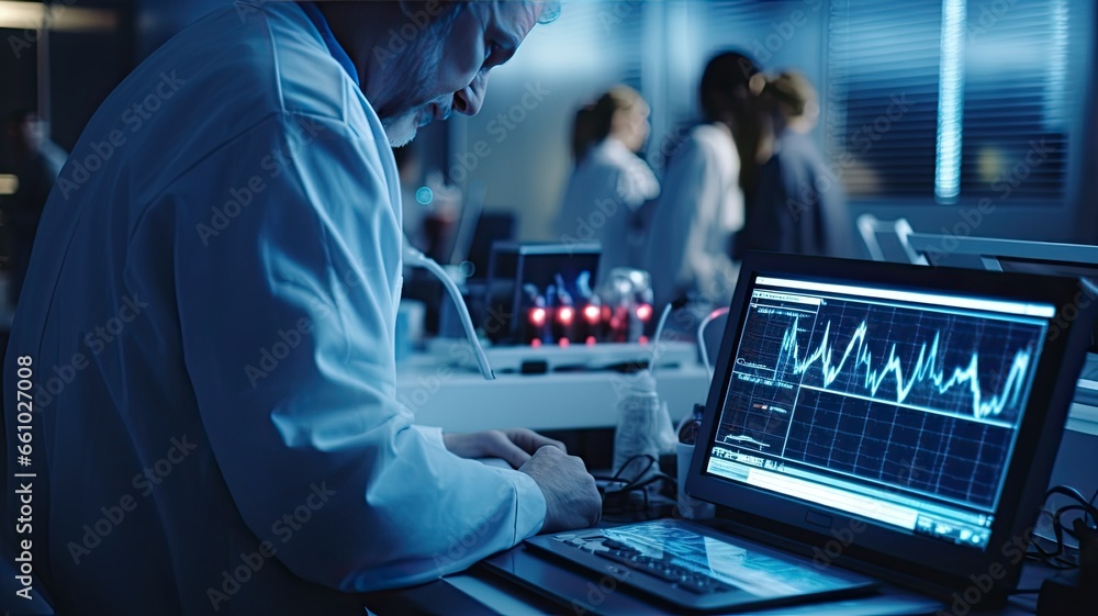 an ECG monitor in a hospital room, displaying a real-time heart rhythm ...