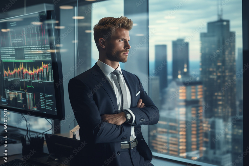 A focused male trader stands in a modern office, surrounded by towering ...