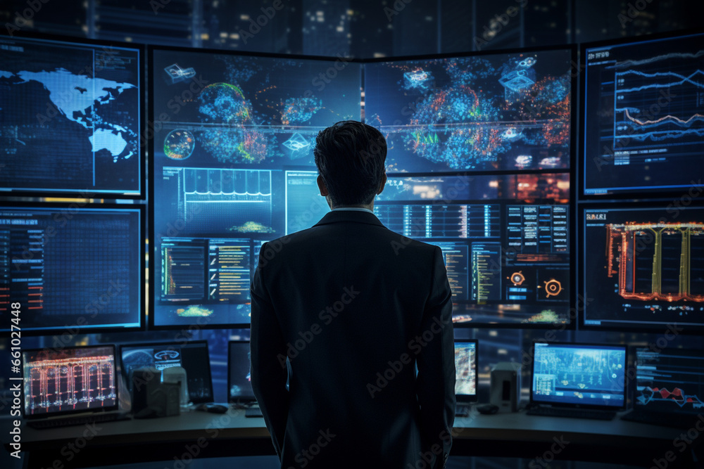 In a state-of-the-art trading hub, a male trader pores over a giant ...