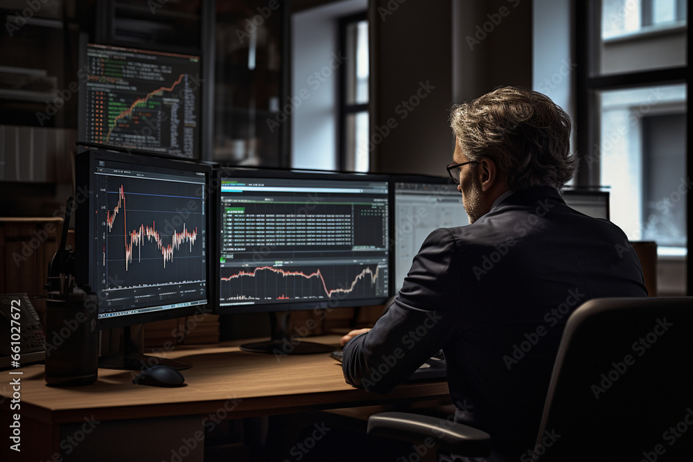 In a serene corner office, a male trader immerses himself in price ...