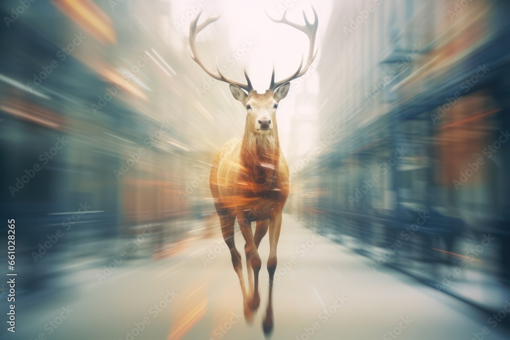 double exposure animal of a deer on city street. Double exposure ...