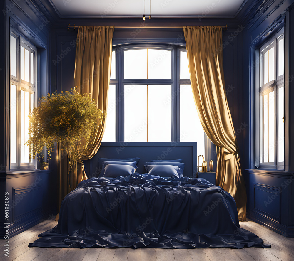 Bedroom interior in dark blue and golden tones, large bed and windows ...