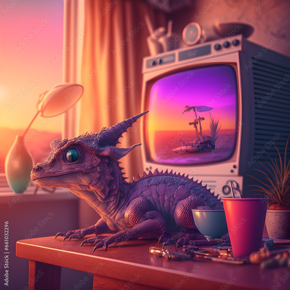 synthwave a little cute dragon is watching tv and sit next to the tv ...